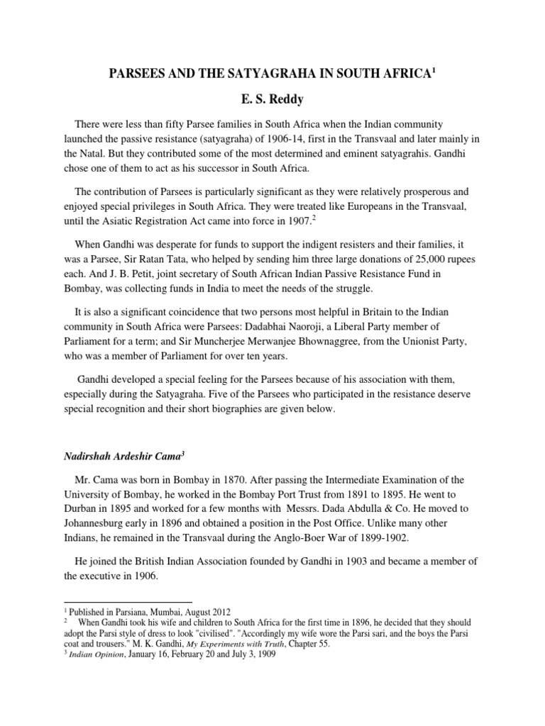 Parsees and The Satyagraha in South Africa E. S. Reddy: Nadirshah ...