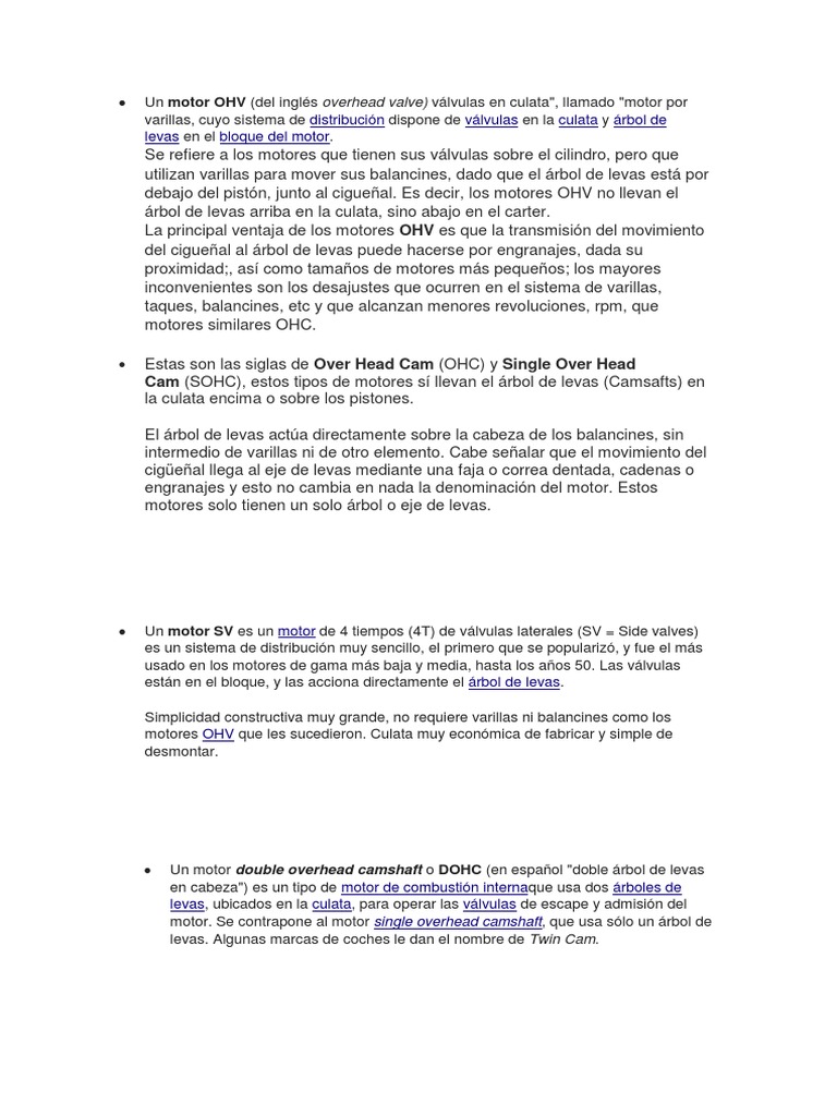 Tipos de Motores: OHV, OHC, SOHC y DOHC | PDF | Motor de combustión interna | Ingeniería de Sistemas