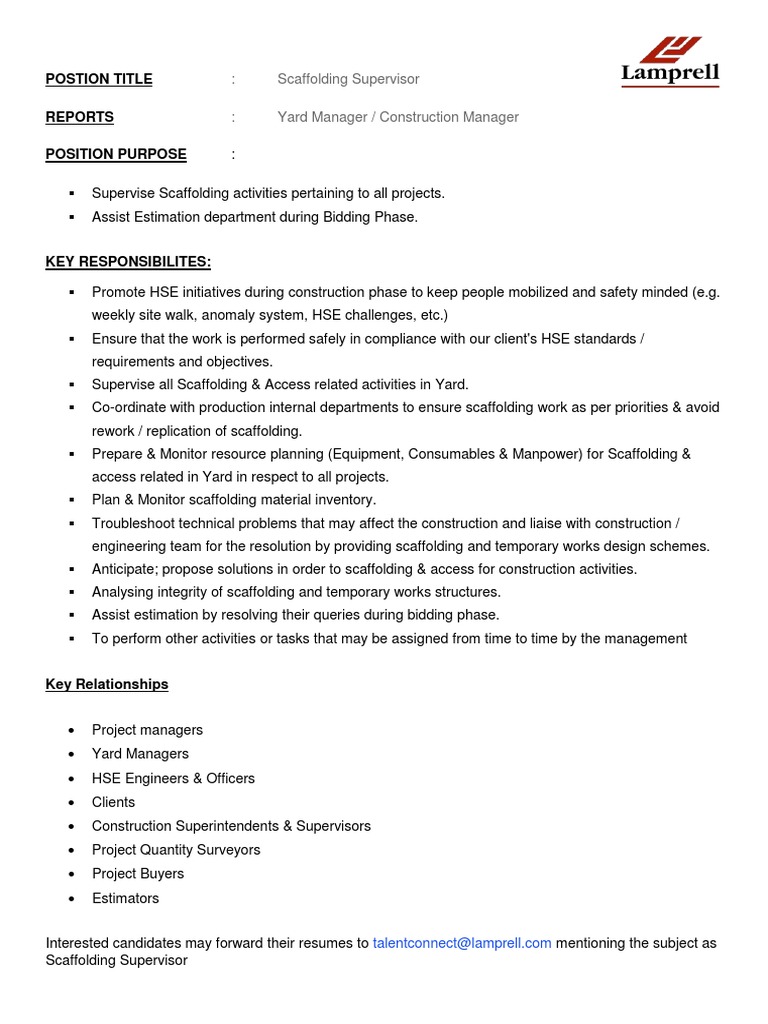 Job Description - Scaffolding Supervisor | PDF | Art