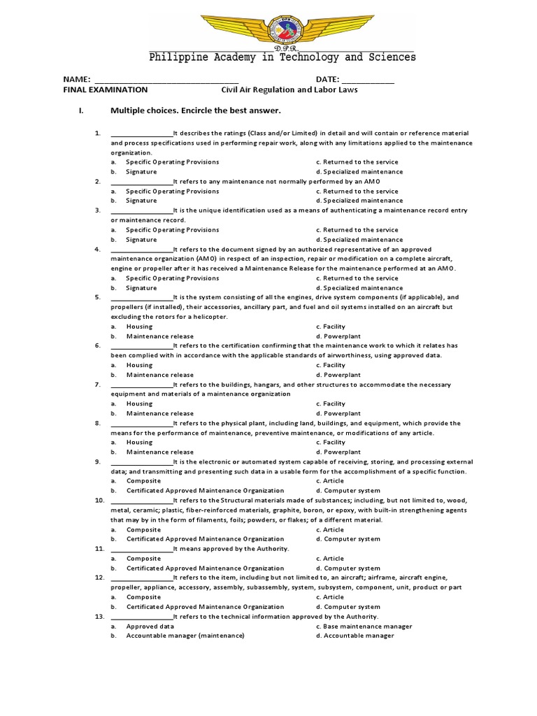 Civil Aviation Regulations and Labor Laws Exam | PDF | Boron | Composite Material