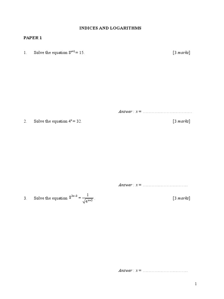 Indices and Logarithms Problem Set | PDF