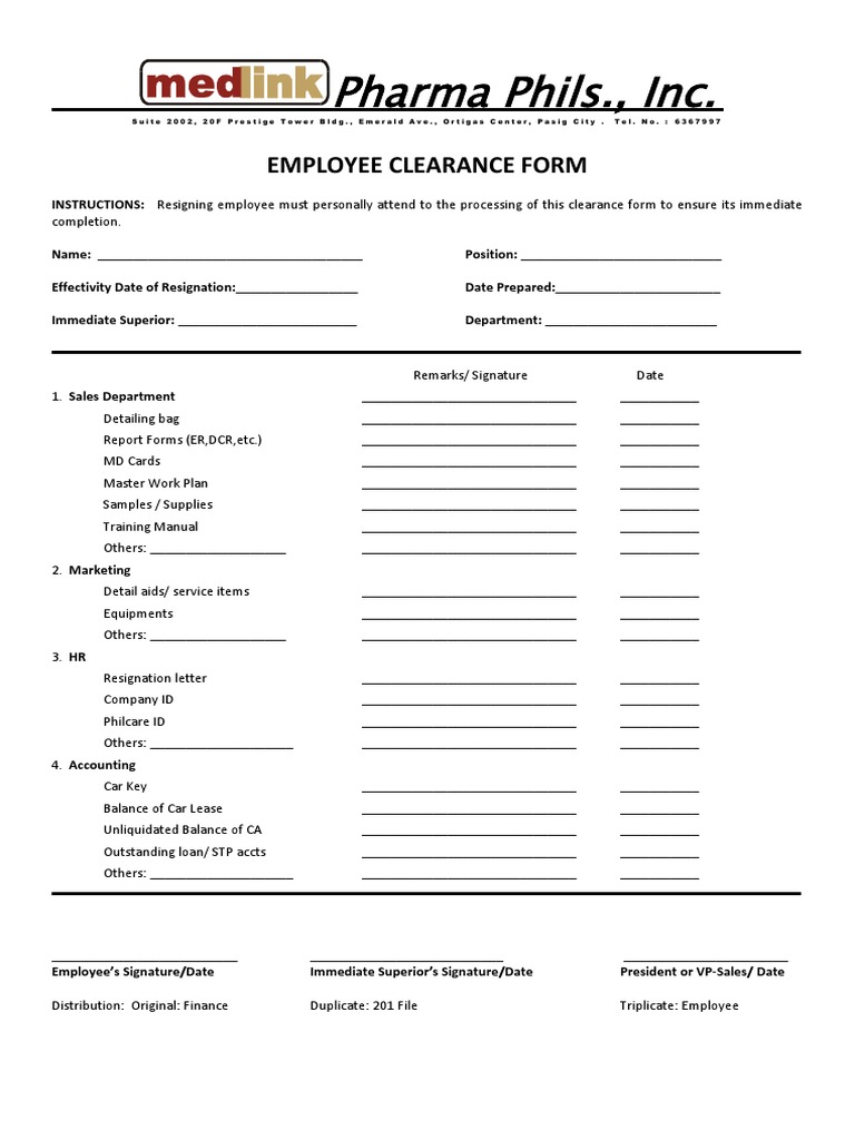 Pharma Phils., Inc.: Employee Clearance Form | PDF | Business | Economies