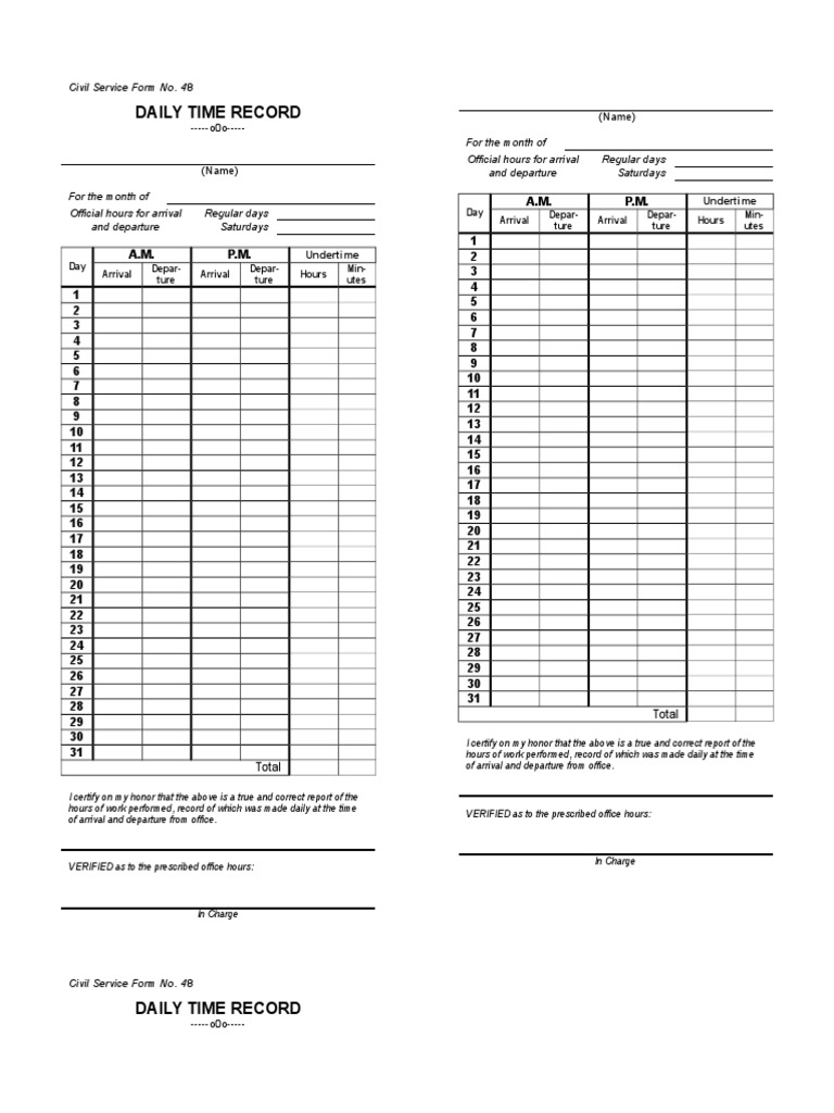 Daily Time Record: A.M. P.M. 1 2 3 4 5 6 7 8 9 10 11 12 13 14 15 16 17 ...