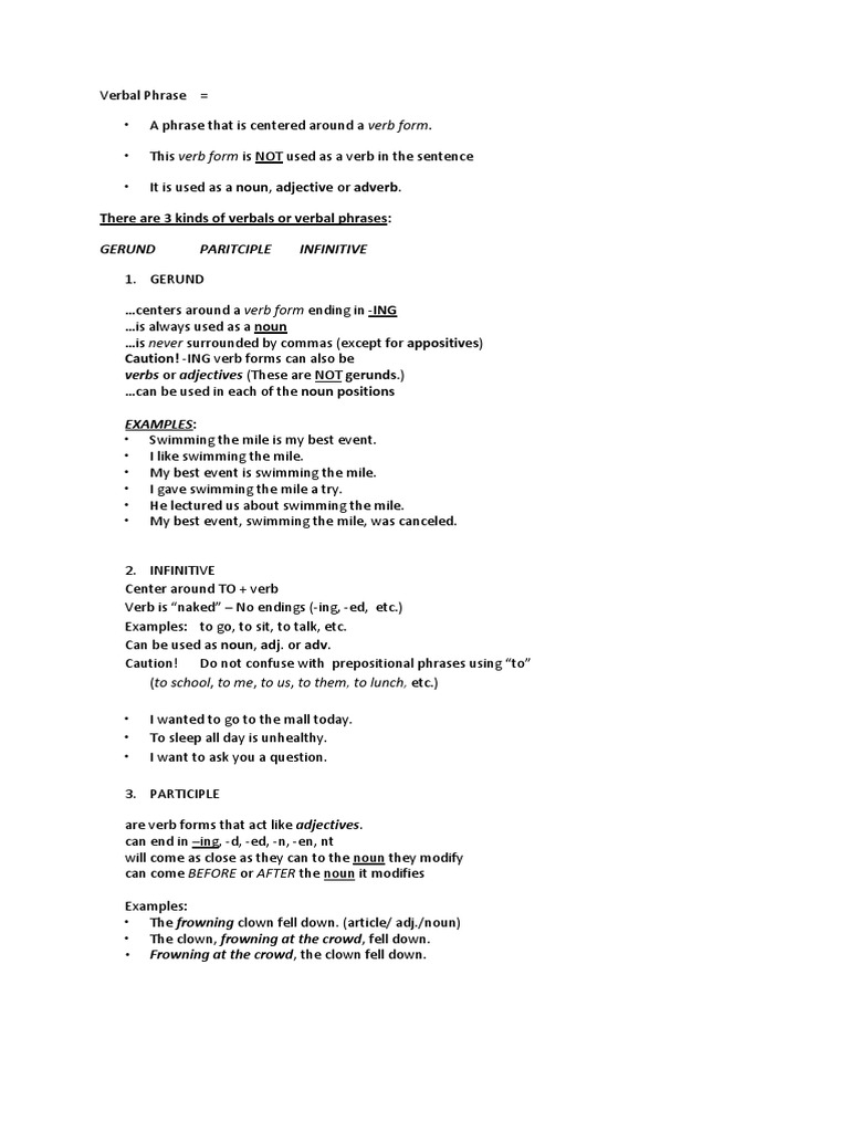 There Are 3 Kinds of Verbals or Verbal Phrases:: Gerund Paritciple ...