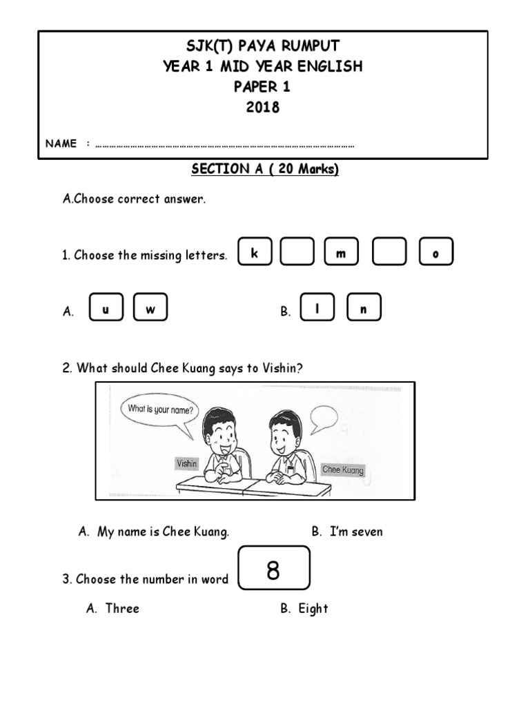 Year 1 English Midterm Exam Paper | PDF