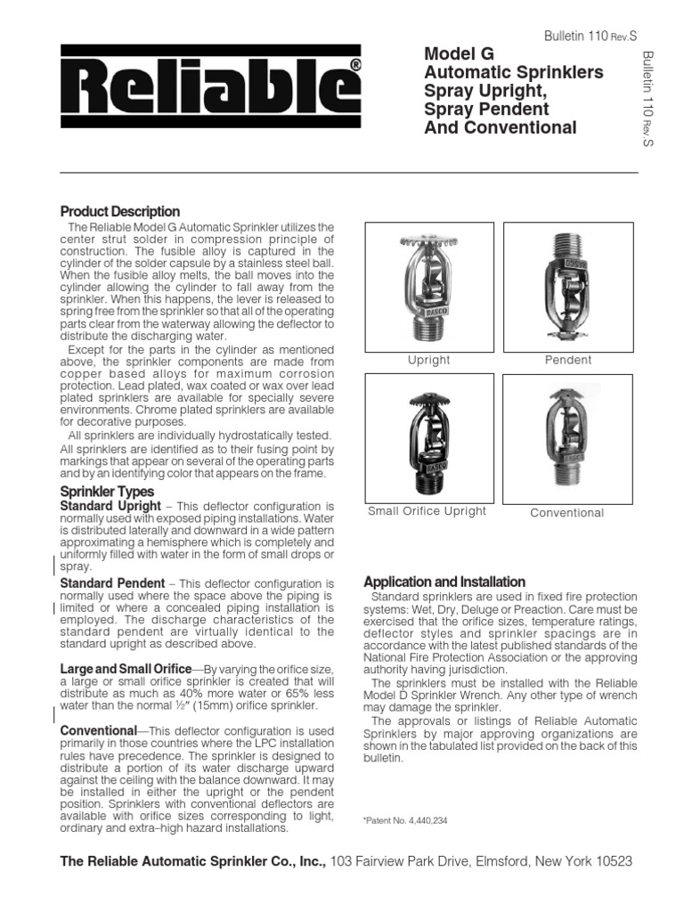 Model G Automatic Sprinklers Spray Upright, Spray Pendent and ...