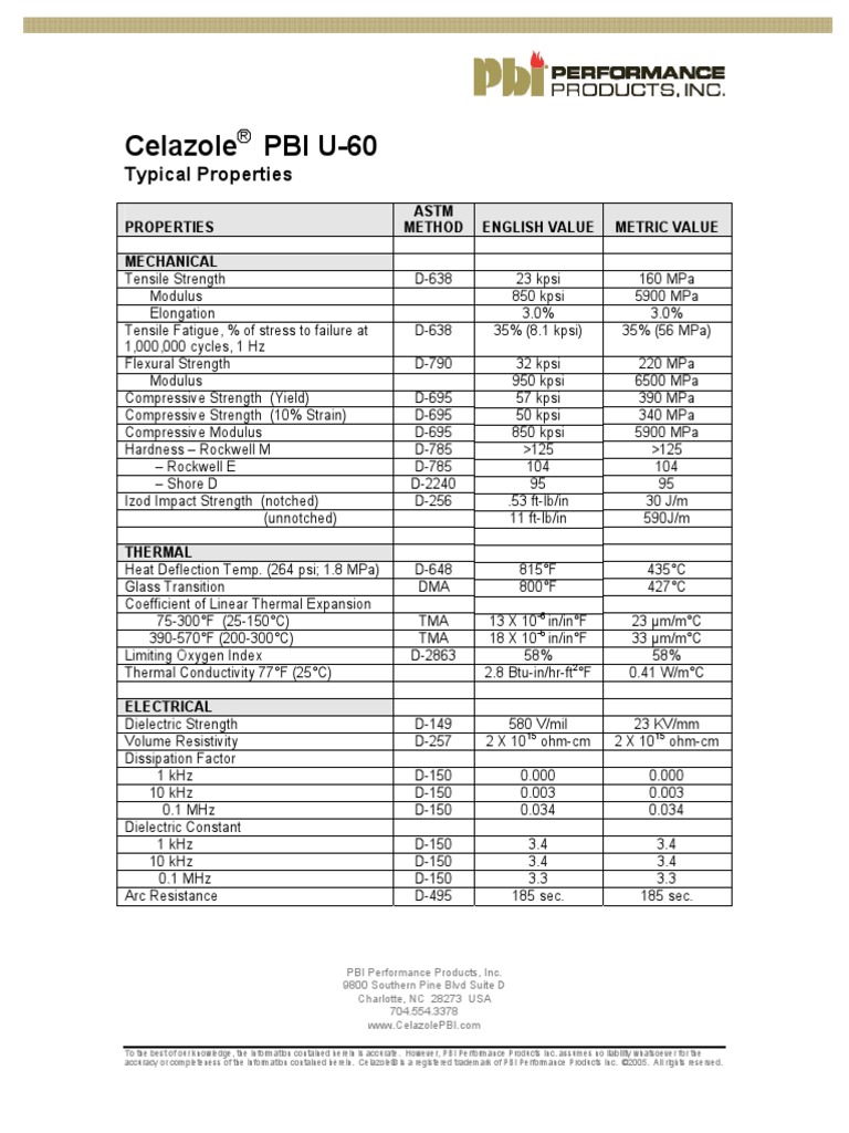 Celazole PBI U 60 Typical Properties | PDF | Strength Of Materials ...