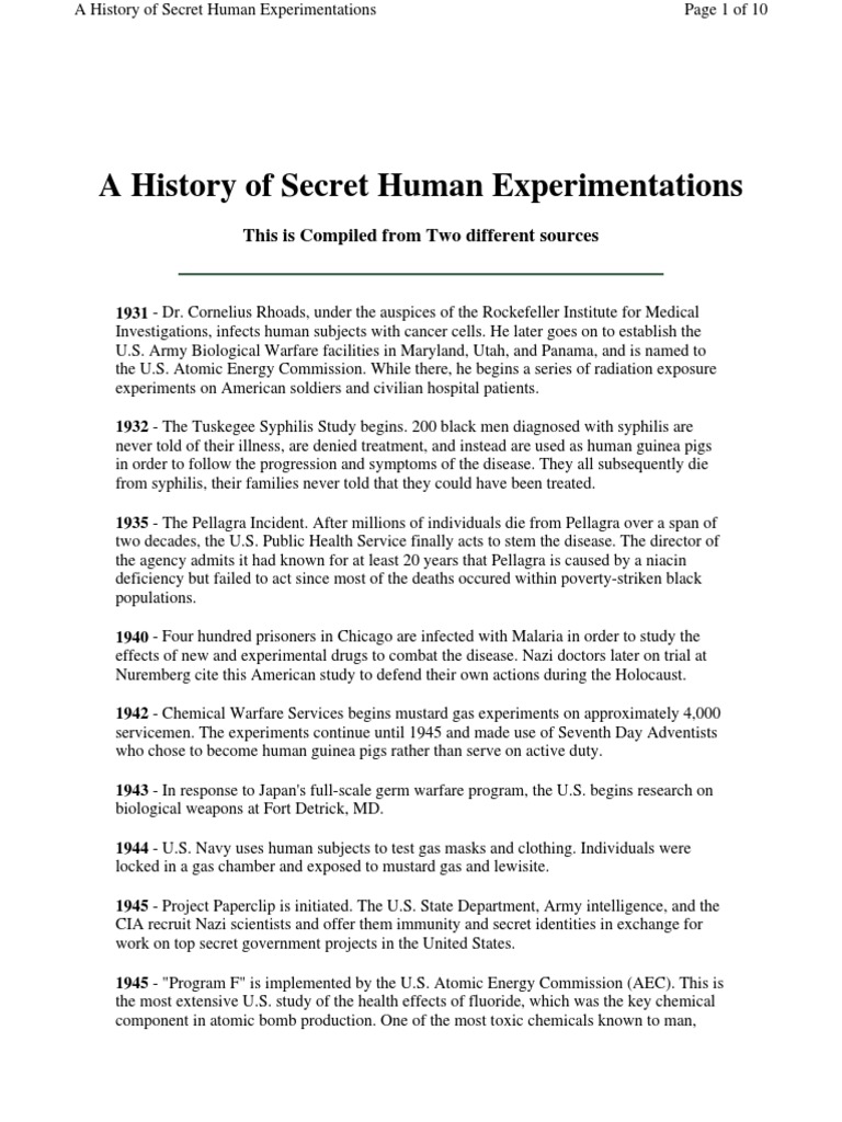 A History of Secret Human Experimentations This Is Compiled From Two ...