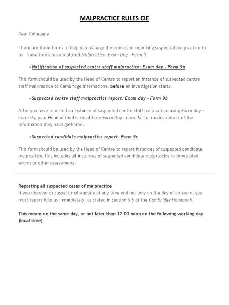 Malpractice Rules Cie: Notification of Suspected Centre Staff ...