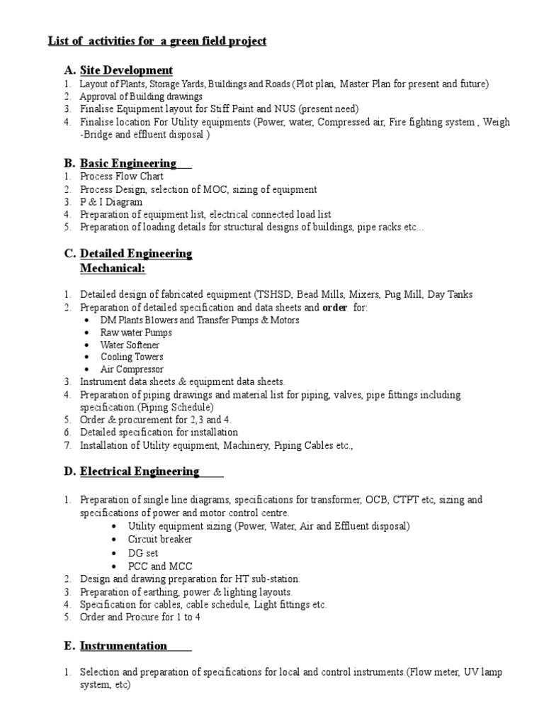 List of Activities For A Green Field Project A. Site Development ...