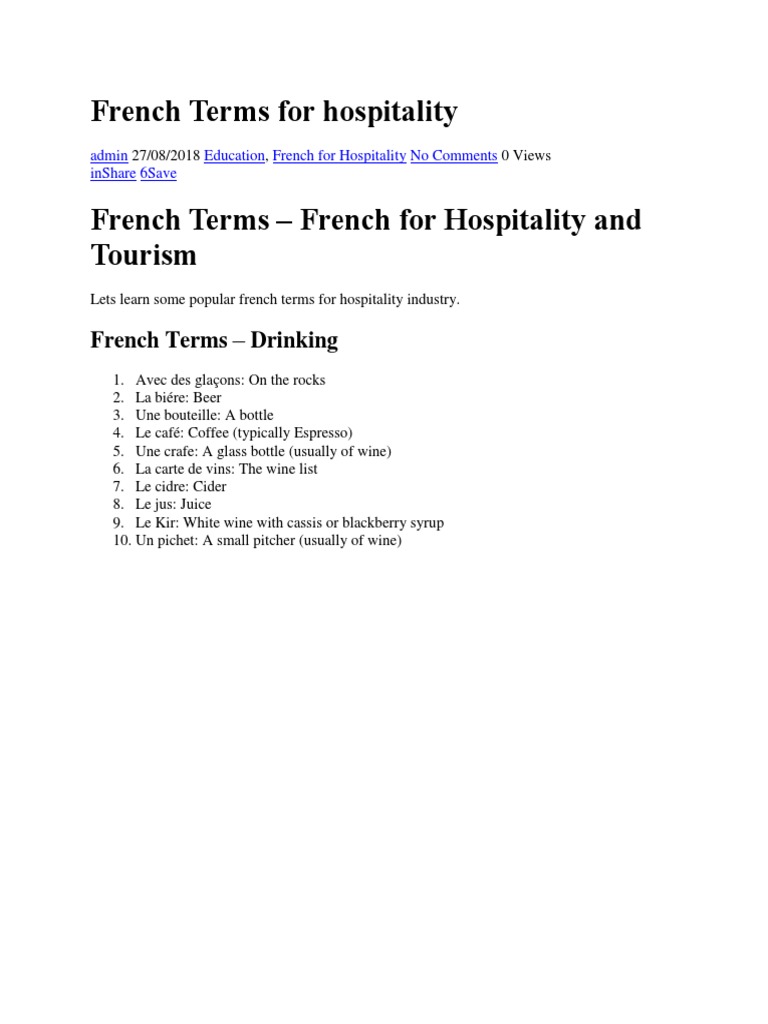 French Terms For Hospitality | PDF | Cuisine | Food And Drink Preparation
