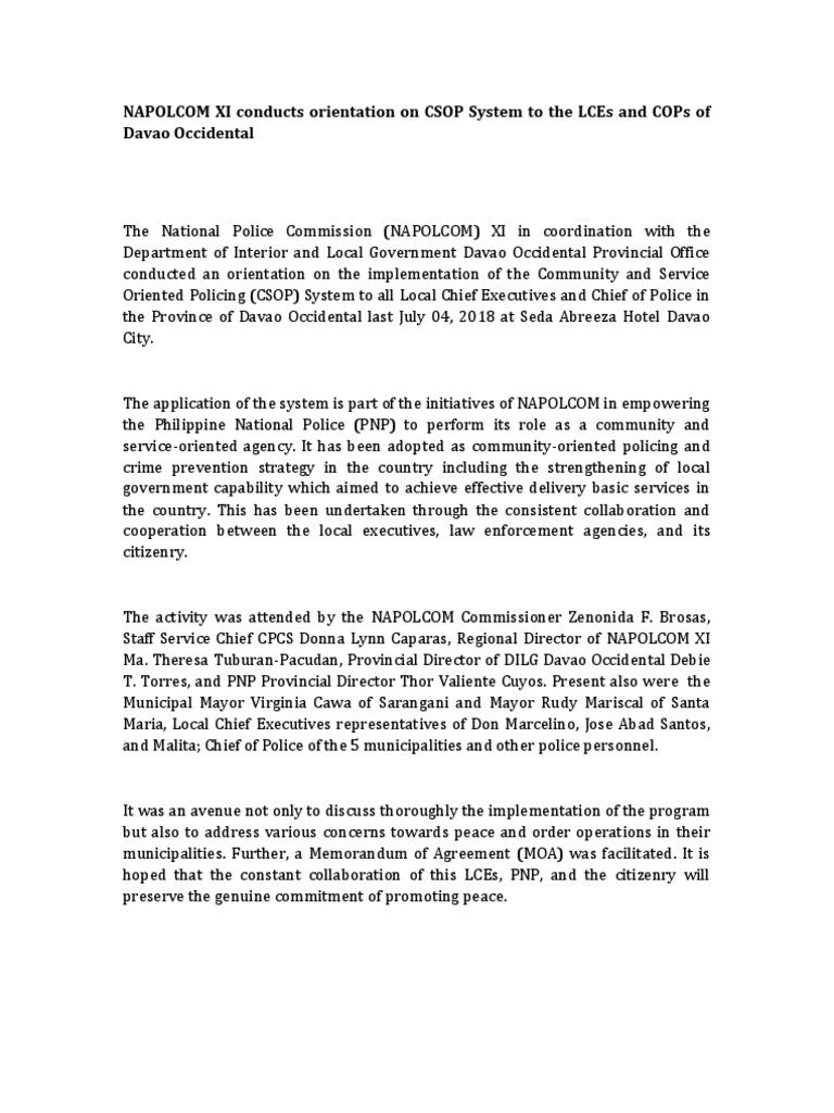 NAPOLCOM XI Conducts Orientation On CSOP System To | PDF | Police | Law ...