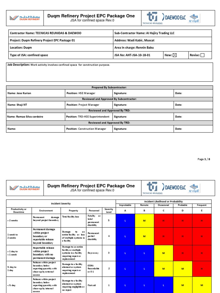 Duqm Refinery Project EPC Package One: JSA For Confined Space Rev.0 | PDF | Safety | Nature