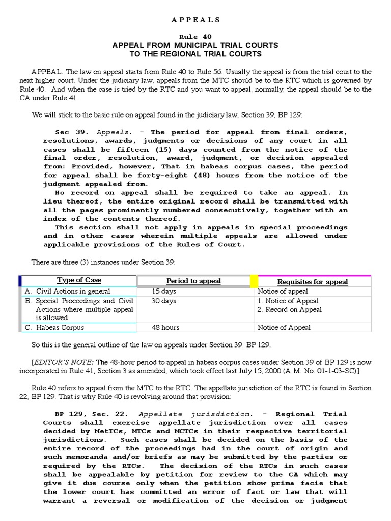 Rule 40 - Appeal From The MTC To RTC | PDF | Appeal | Judgment (Law)