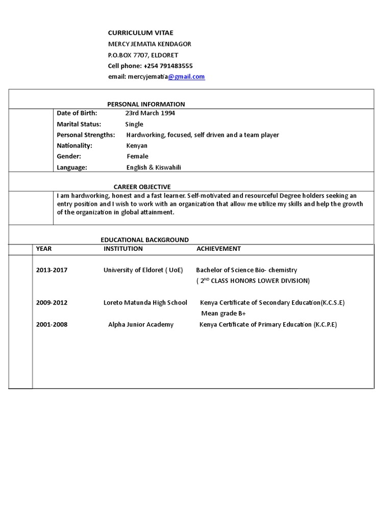 CV Mercy Jematia Seeks Entry Job | PDF | Curriculum | Behavior Modification