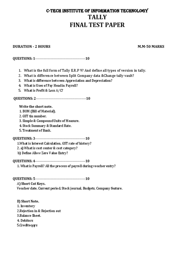 Tally Final Test Paper: C-Tech Institute of Information Technology ...