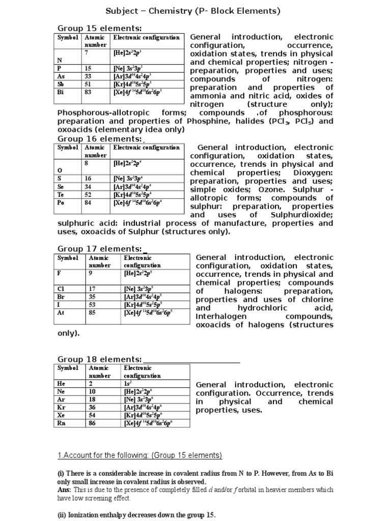 Chemistry P Block Elements | PDF | Nitric Acid | Chlorine