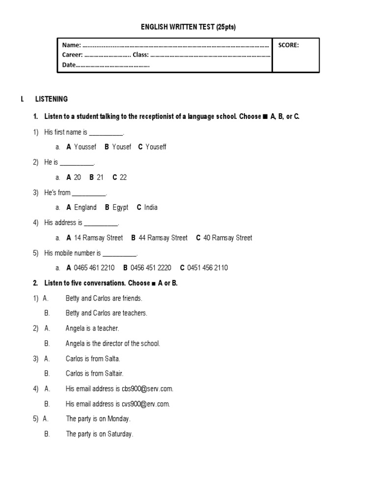 English Written Test (25Pts) | PDF | Television Series Created | The ...