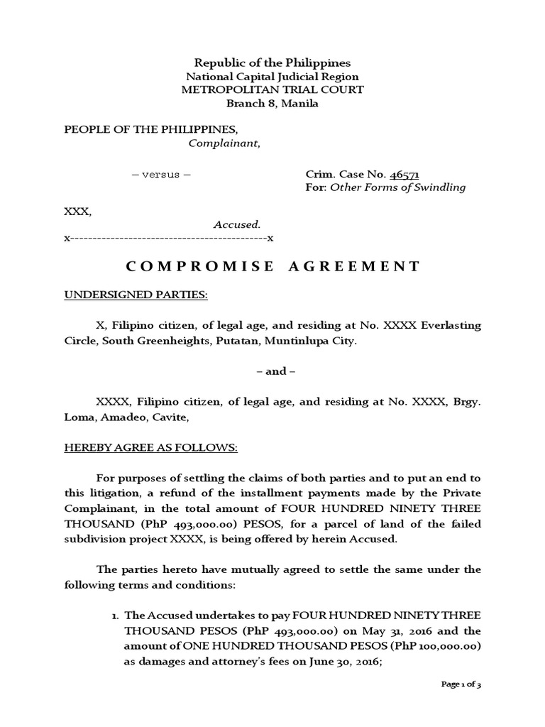 Compromise Agreement: Republic of The Philippines | PDF | Lawsuit ...