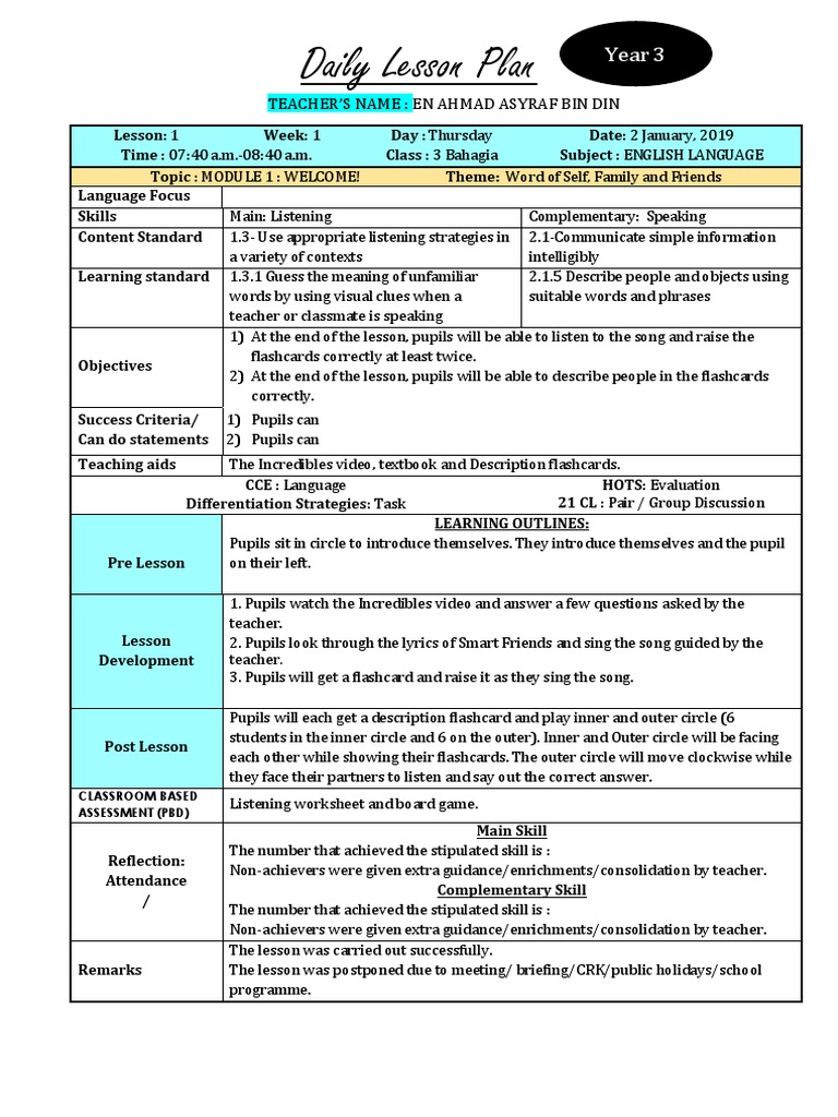 Lesson Plan Y3 d2 w1 | PDF | Lesson Plan | Teachers