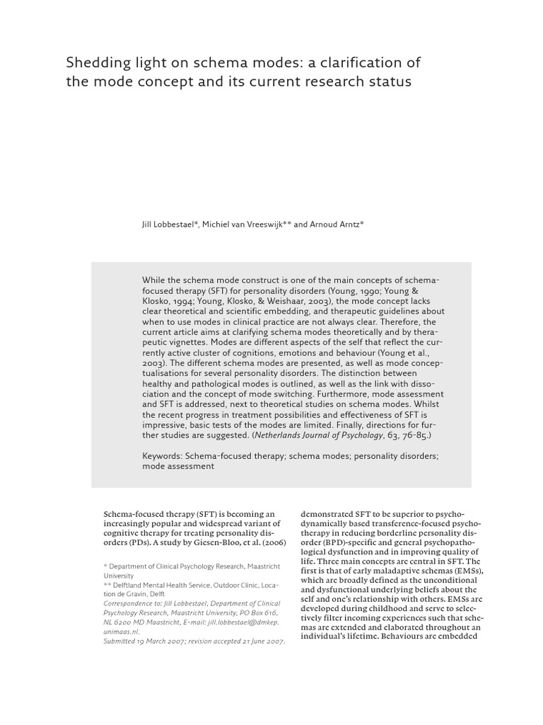 Schema Modes Arntz | PDF | Psychotherapy | Borderline Personality Disorder