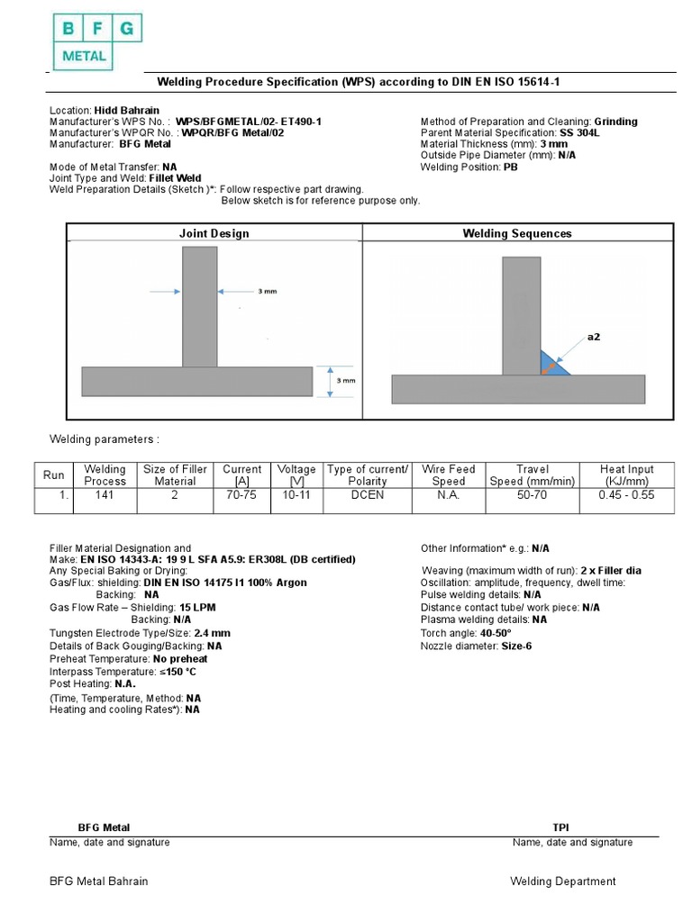 Welding Procedure Specification (WPS) According To DIN EN ISO 15614-1 | PDF | Welding | Construction