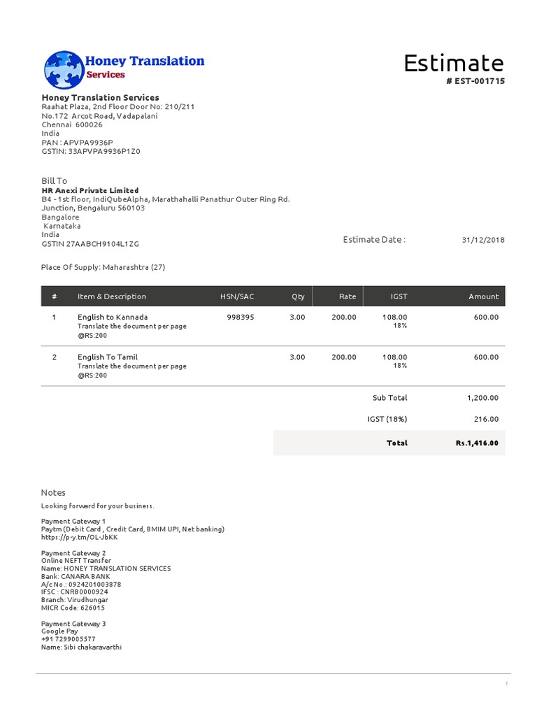 Estimate: Bill To | PDF | Financial Services | Service Industries