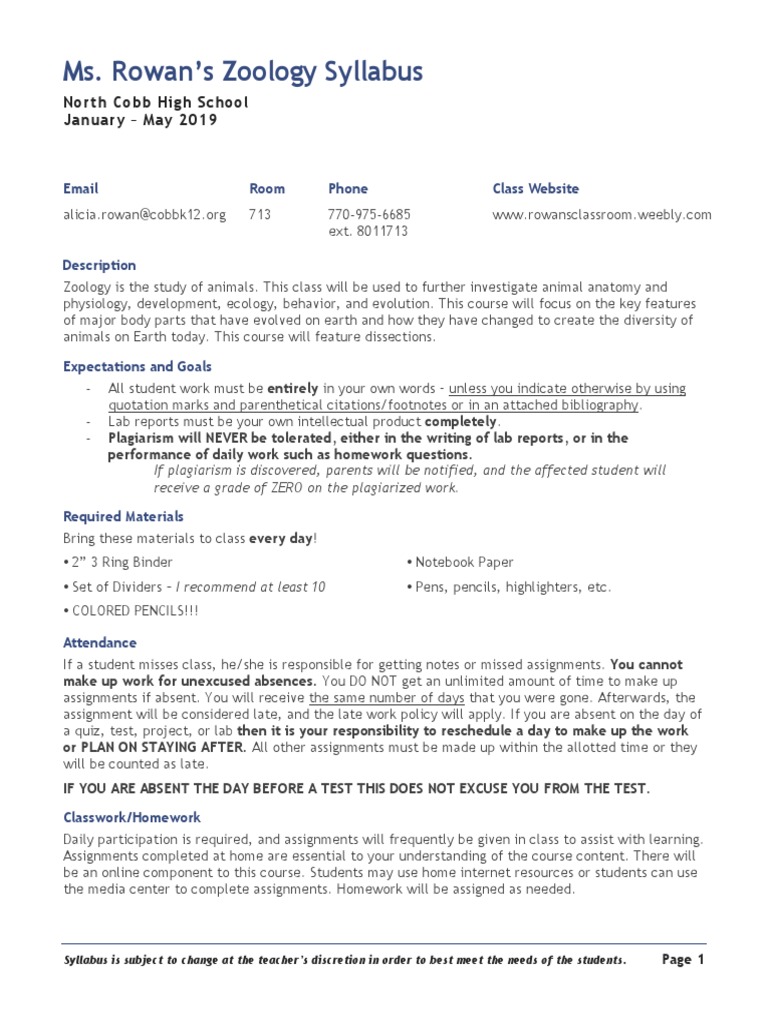 Zoology Syllabus - 2019 | Download Free PDF | Homework | Classroom