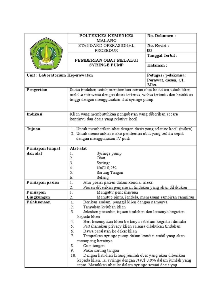 Sop Pemberian Obat Melalui Syringe Pump | PDF