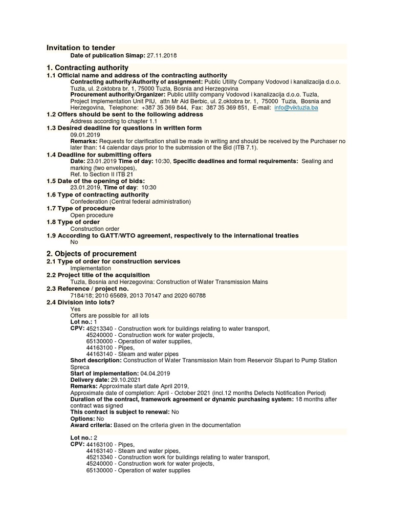 Invitation To Tender: 1. Contracting Authority | PDF | General ...