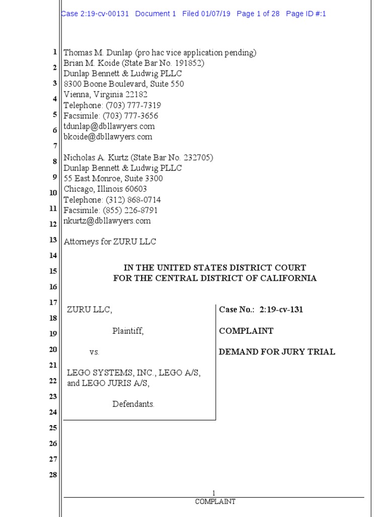 ZURU v. Lego - Complaint | PDF | Declaratory Judgment | Trademark
