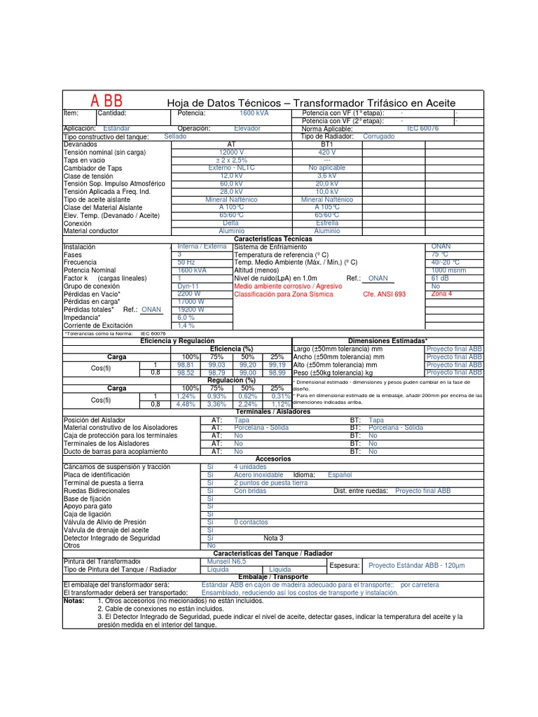 Anexo 1. Hojas de Datos - Corrugado - 1.6MVA-12-0.42kV PDF | PDF | Transformador | Electromagnetismo