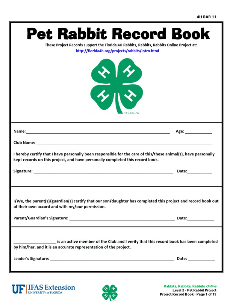 Pet Rabbit Record Book: These Project Records Support The Florida 4H ...