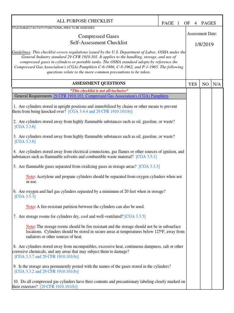 Compressed Gases Self-Assessment Checklist 1/8/2019: All Purpose ...