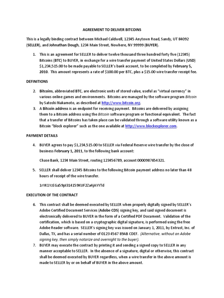 Agreement To Deliver Bit Coins | PDF | Bitcoin | United States Dollar