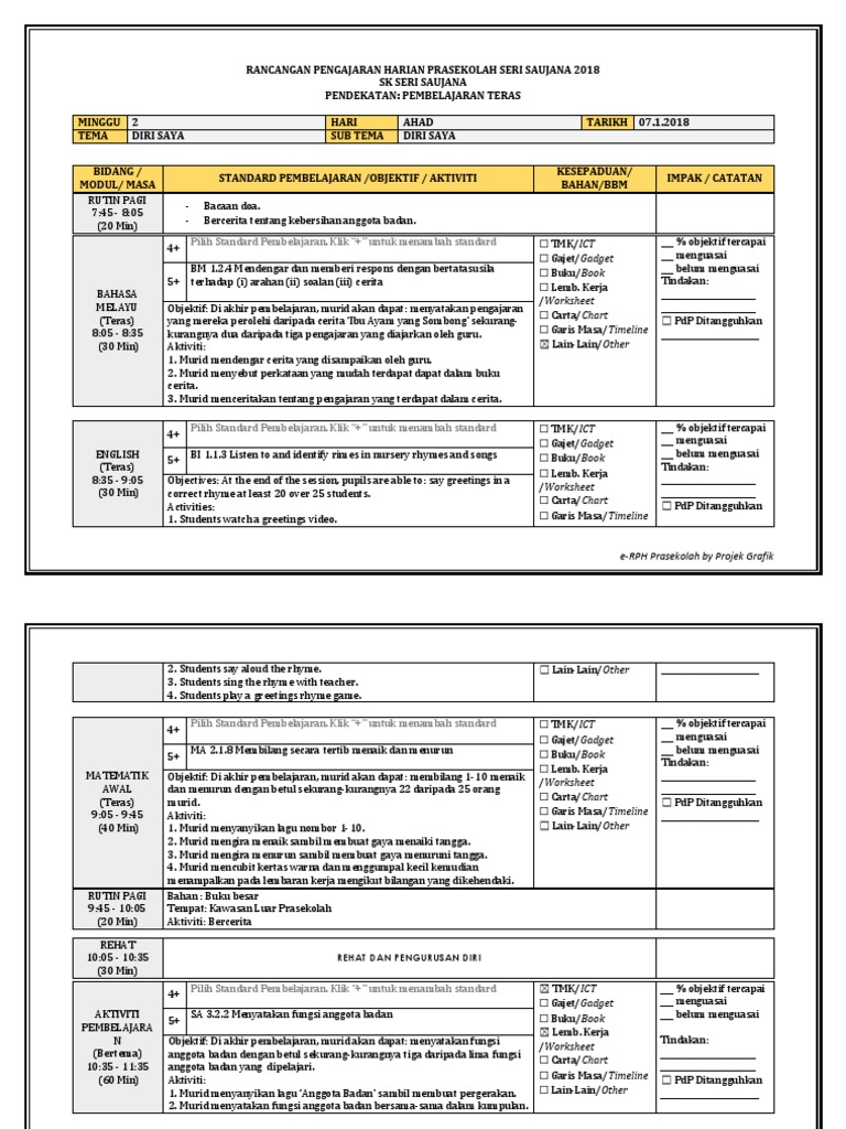 RPH Prasekolah: Tema Diri Saya | PDF