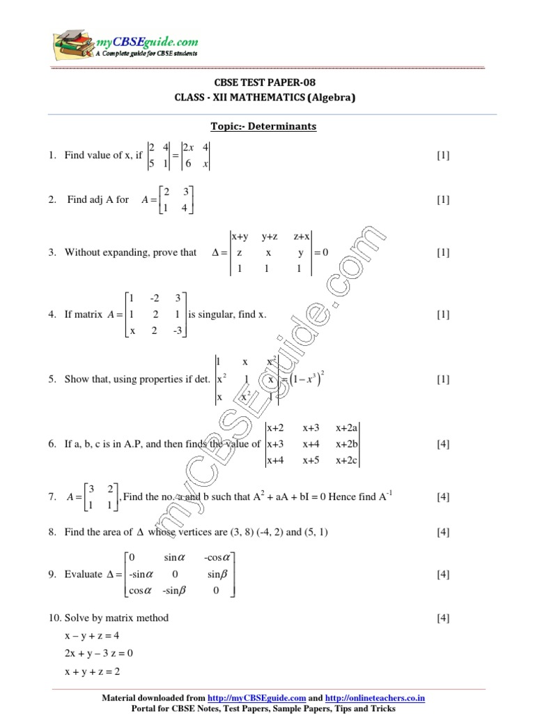 12 Mathematics Algebra Test 08 | PDF
