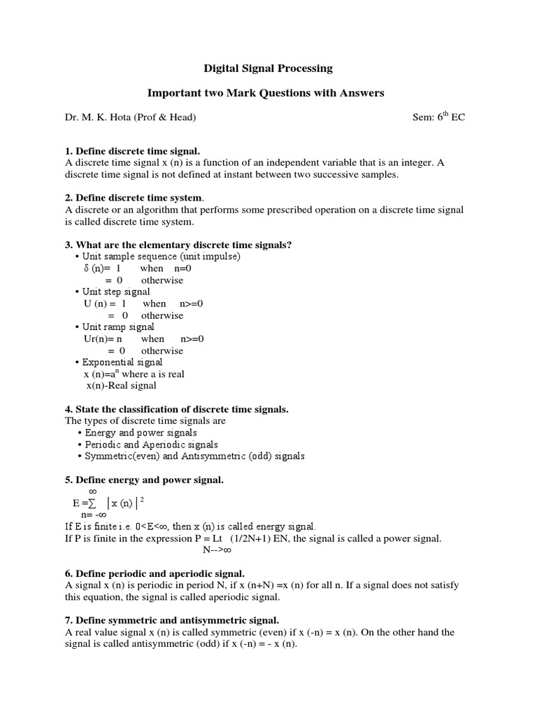 Digital Signal Processing Important Two Mark Questions With Answers | PDF | Discrete Fourier ...