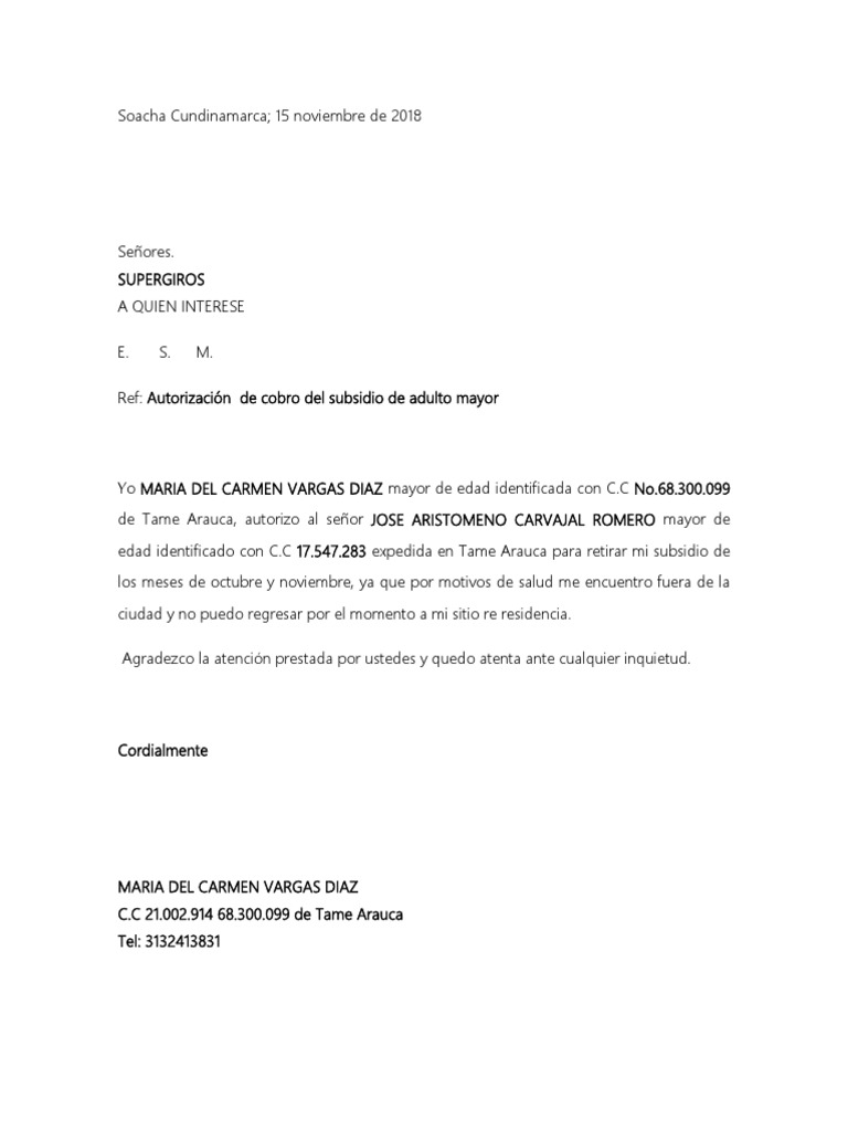 Autorización para cobro subsidio adulto mayor | PDF