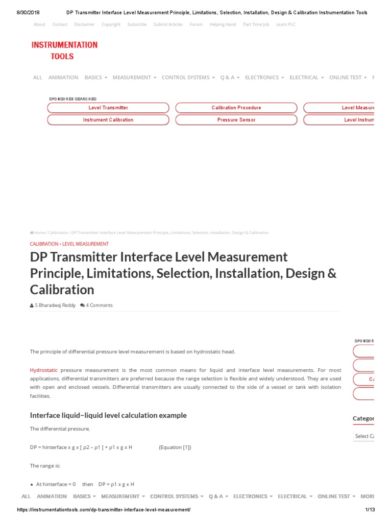 DP Transmitter Interface Level Measurement Principle, Limitations, Selection, Installation ...