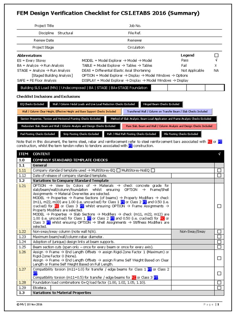FEM Design Verification Checklist For CSI - ETABS 2016 (Summary) | PDF | Beam (Structure) | Bending