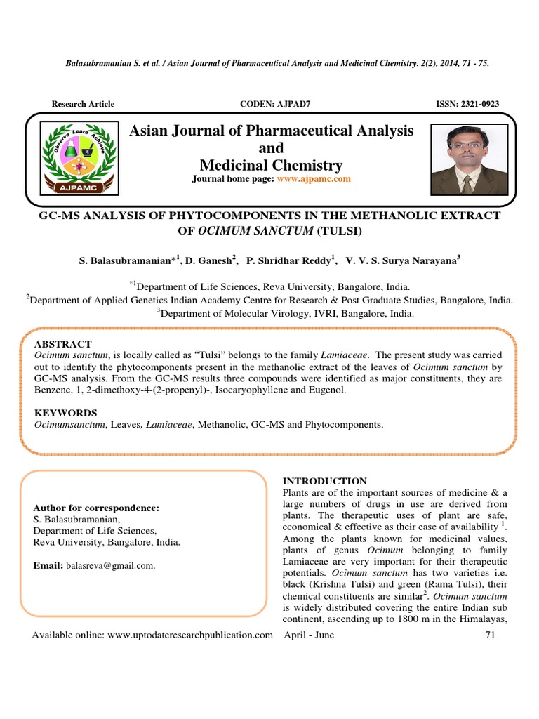 GC-MS Analysis of Phytocomponents in The Methanolic Extract of Ocimum Sanctum (Tulsi) | PDF ...