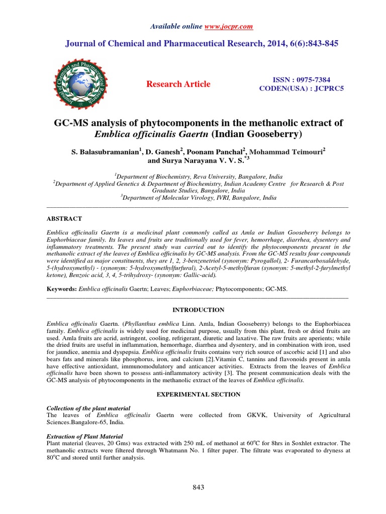 GC-MS Analysis of Phytocomponents in The Methanolic Extract of Emblica Officinalis Gaertn ...
