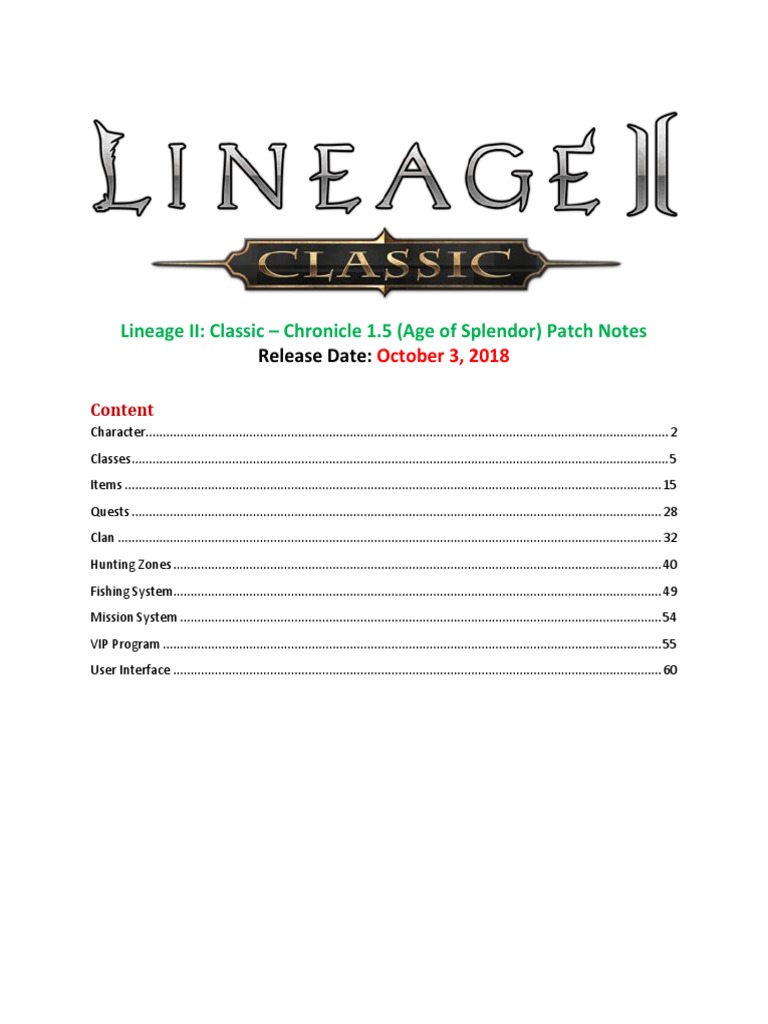Lineage II: Classic Patch Notes | PDF | Leisure | Sports