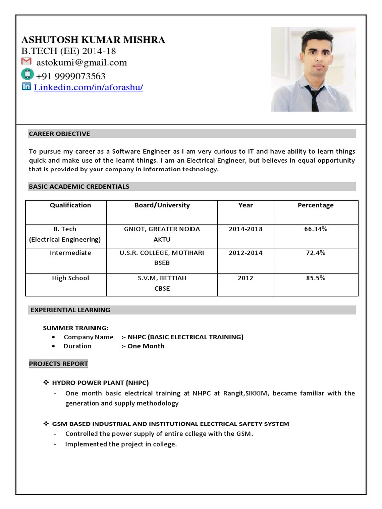 Resume Fresher Electrical Engineer | PDF | Computing