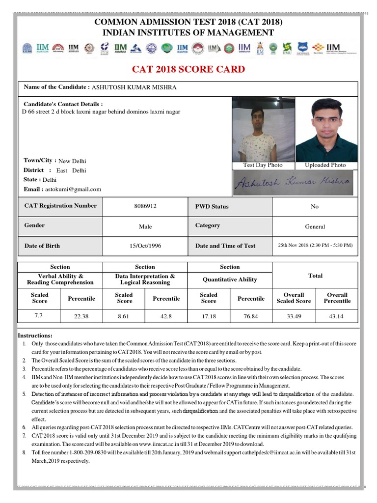 Cat 2018 Score Card: Common Admission Test 2018 (Cat 2018) Indian ...