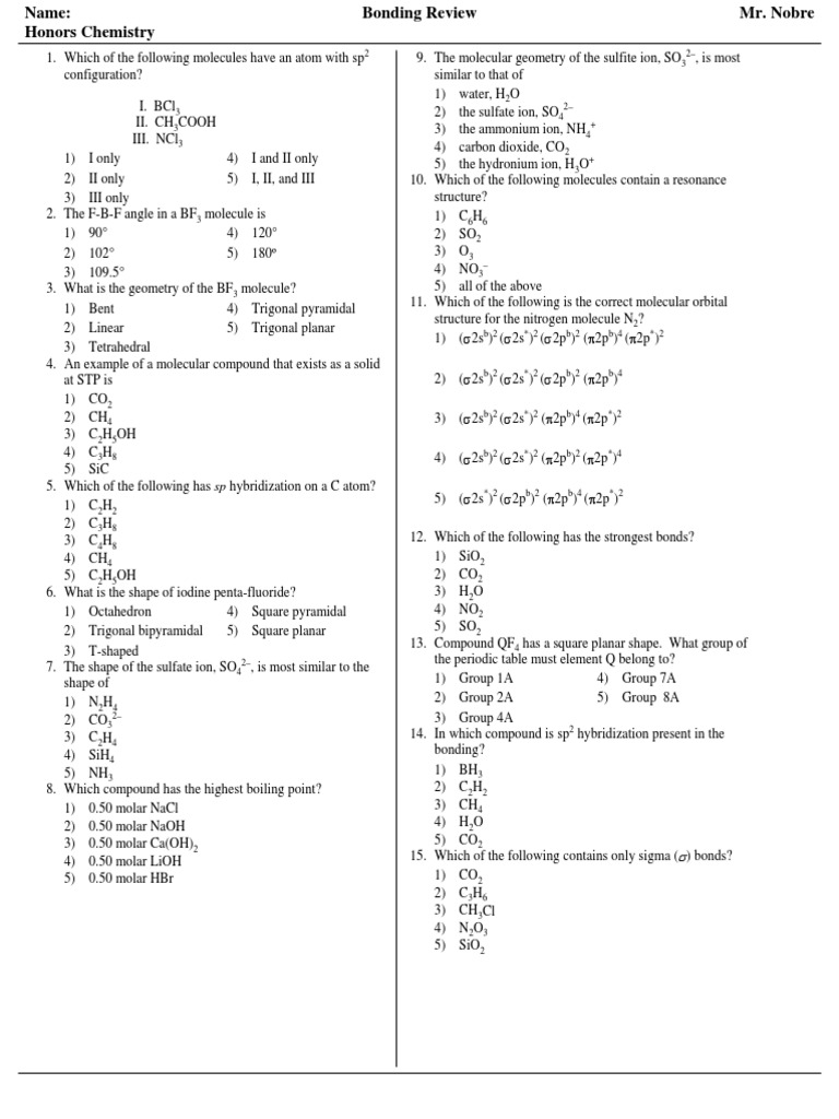 Bonding Review Questions for Chemistry | PDF | Chemical Bond | Molecules