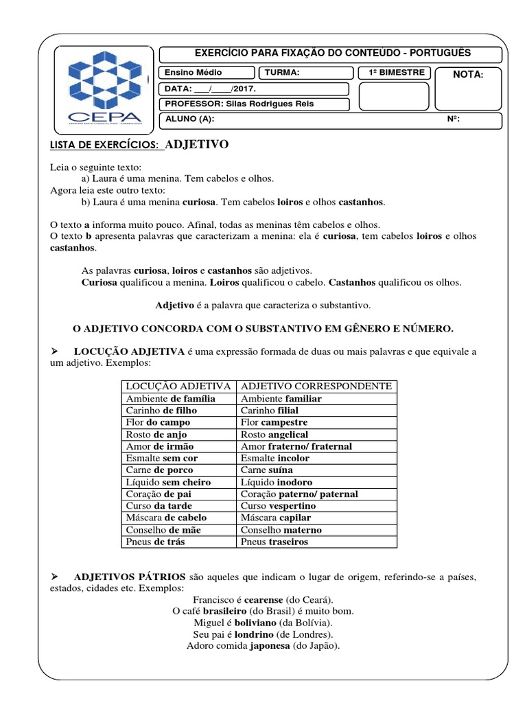 Exercicio Adjetivo | PDF | Adjetivo