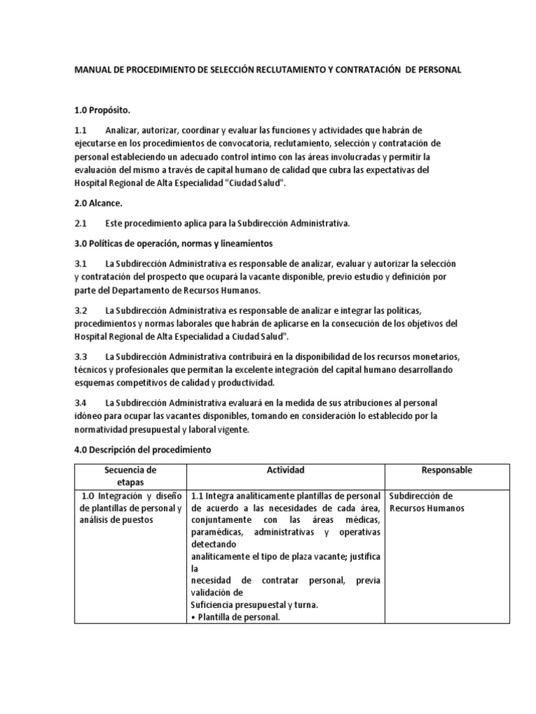 Manual de Procedimiento de Selección Reclutamiento y Contratación de Personal | PDF ...