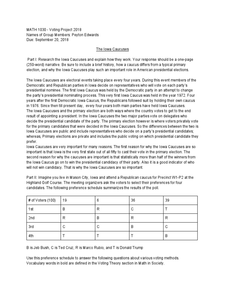 Edwards Math 1030 - Voting Project 2018 | PDF | Primary Election | Caucus
